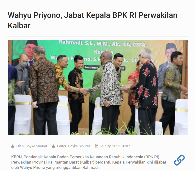 Wahyu Priyono, Jabat Kepala BPK RI Perwakilan Kalbar | BPK Perwakilan Provinsi Kalimantan Barat