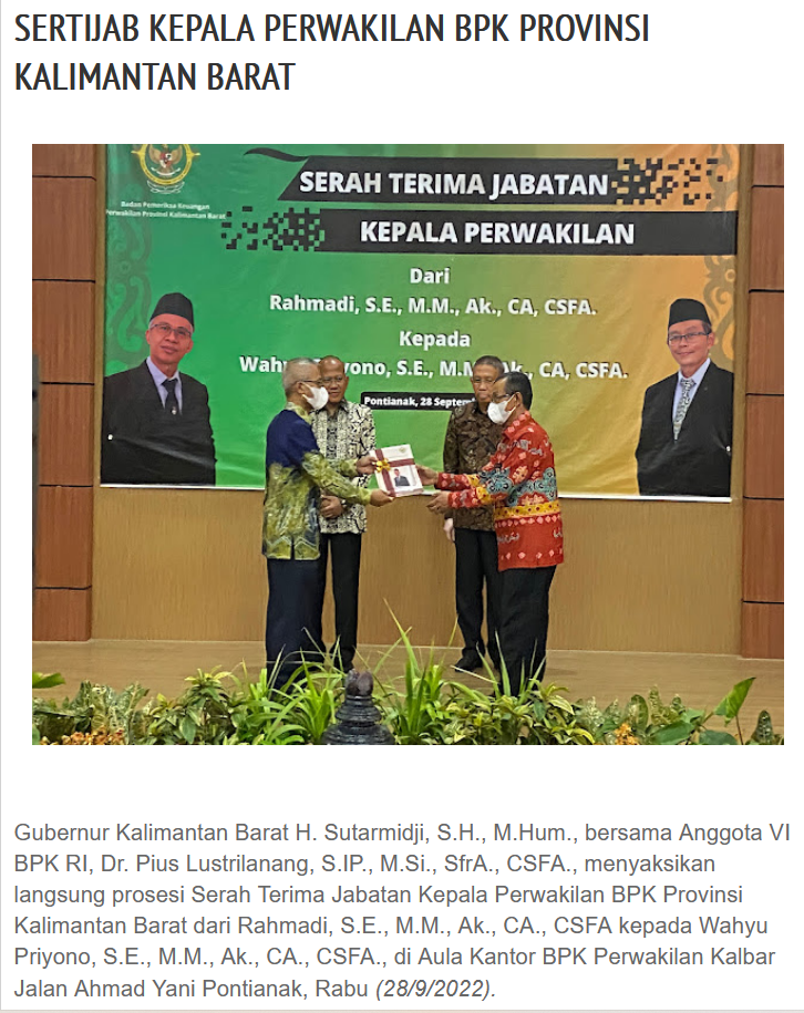 Sertijab Kepala Perwakilan BPK Provinsi Kalimantan Barat | BPK Perwakilan Provinsi Kalimantan Barat